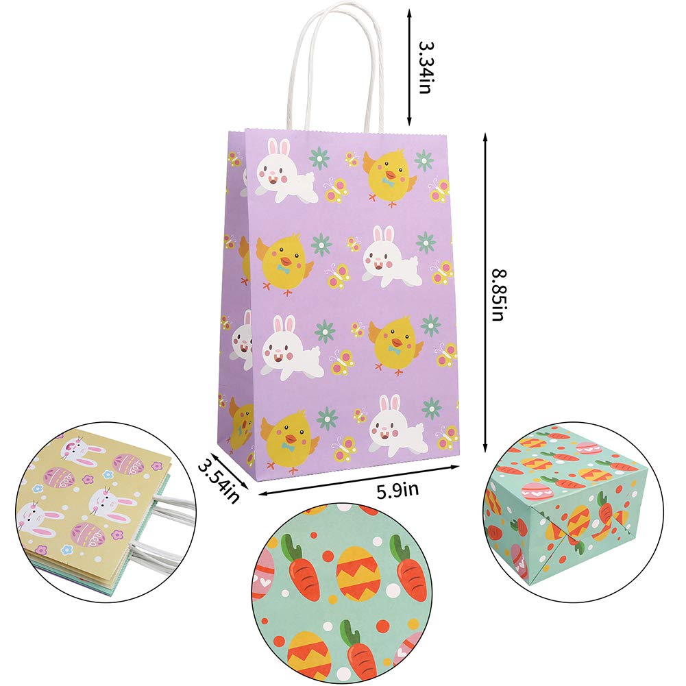 CCINEE 12PCS Easter Gift Bags,Bunny Kraft Paper Treat Bags with Handles Egg Chick Candy Bag for Kids Party Gift Wrapping