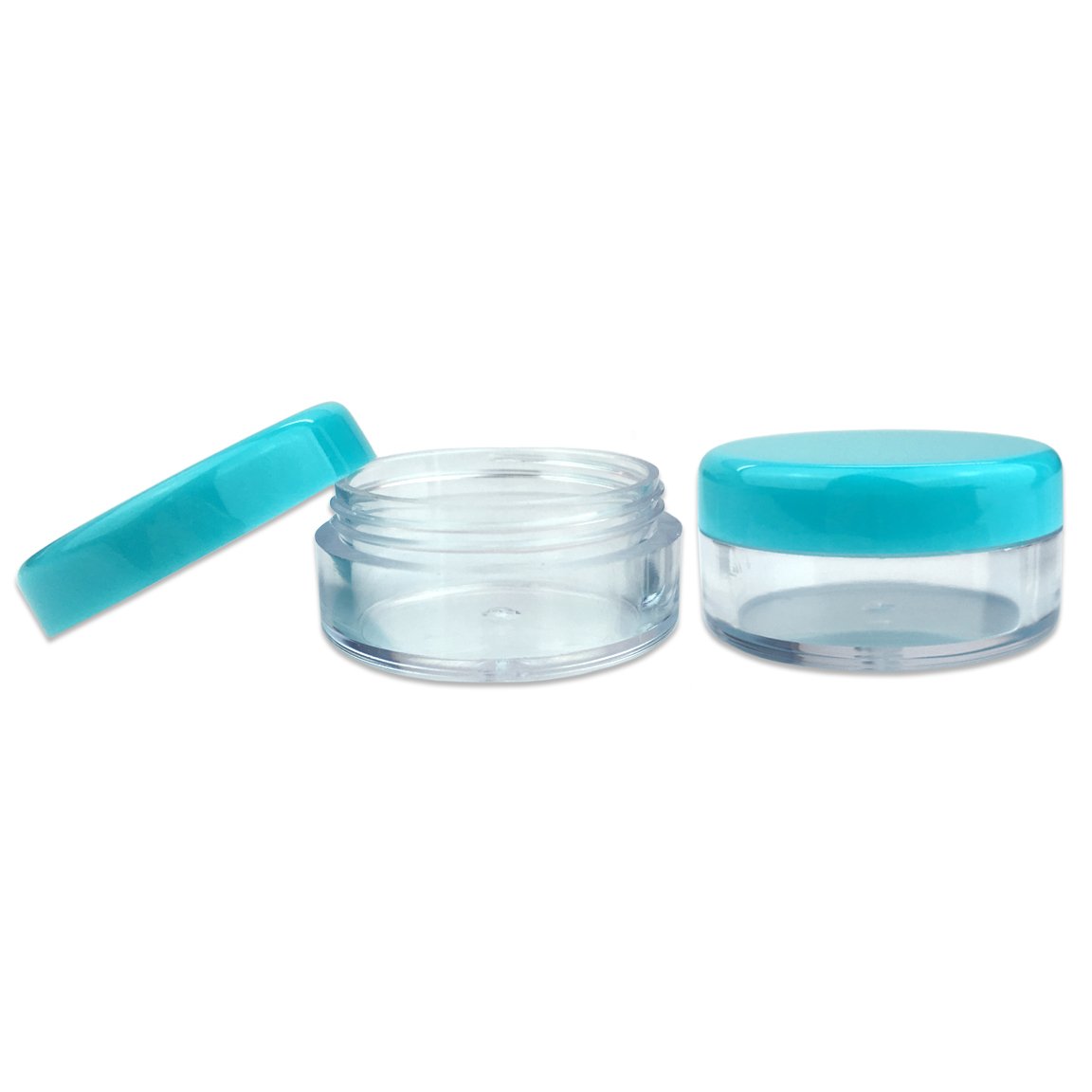 (Quantity: 50 Pieces) Beauticom 5G/5ML Round Clear Jars with Teal Sky Blue Lids for Scrubs, Oils, Toner, Salves, Creams, Lotions, Makeup Samples, Lip Balms - BPA Free