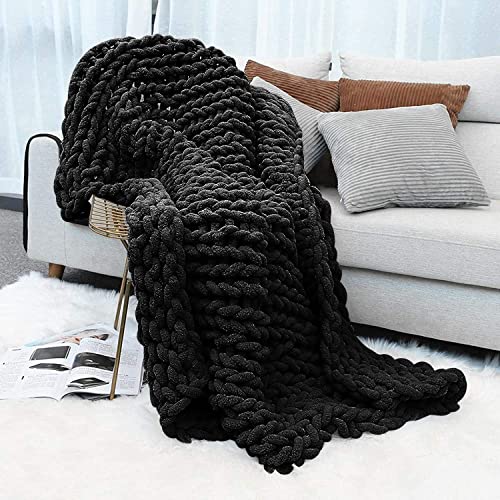 EASTSURE Chunky Knit Throw Blanket, Warm Soft Cozy Chenille Throw Blanket, Large Throw Bed Blanket for Couch, Sofa, Boho Home Decor,Gift - Machine Washable,Black 47"x71"