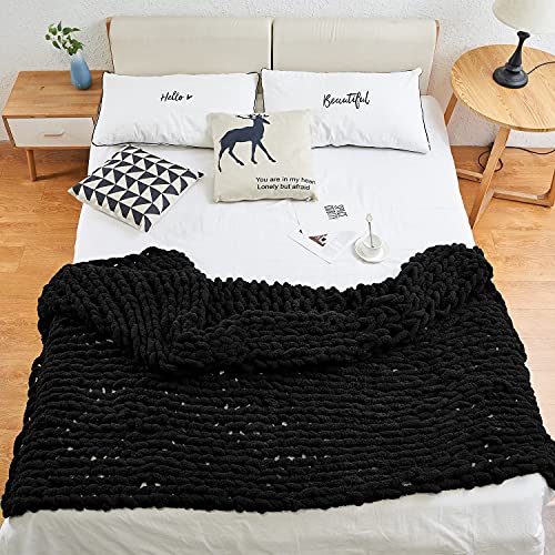 EASTSURE Chunky Knit Throw Blanket, Warm Soft Cozy Chenille Throw Blanket, Large Throw Bed Blanket for Couch, Sofa, Boho Home Decor,Gift - Machine Washable,Black 47"x71"