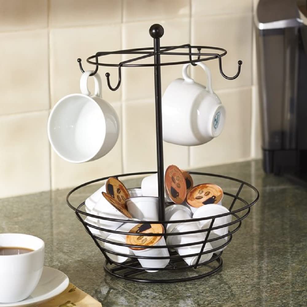 Nifty Coffee Pod & Mug Carousel – Holds 4 Cups, Capsule Storage, Spins 360-Degrees, Lazy Susan Platform, Modern Black Steel, Home or Office Kitchen Counter Organizer