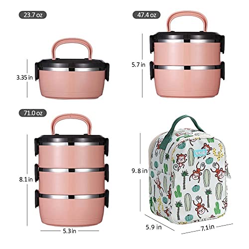 YBOBK HOME 3-Tier Cylinder Stackable Lunch Box With Bag, Keep Food Warm Thermal Lunch Container, Portable Stainless Steel Insulated Lunch Box, Pink 71oz
