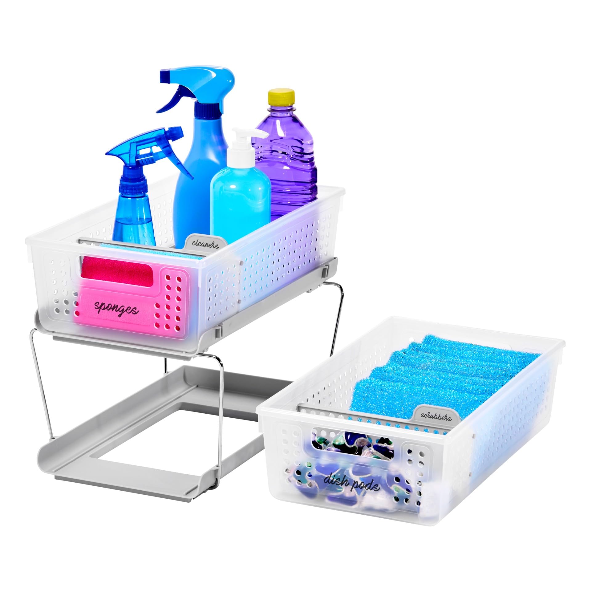 madesmart 2-Tier Organizer, Multi-Purpose Slide-Out Storage Baskets with Handles and Dividers, Frost