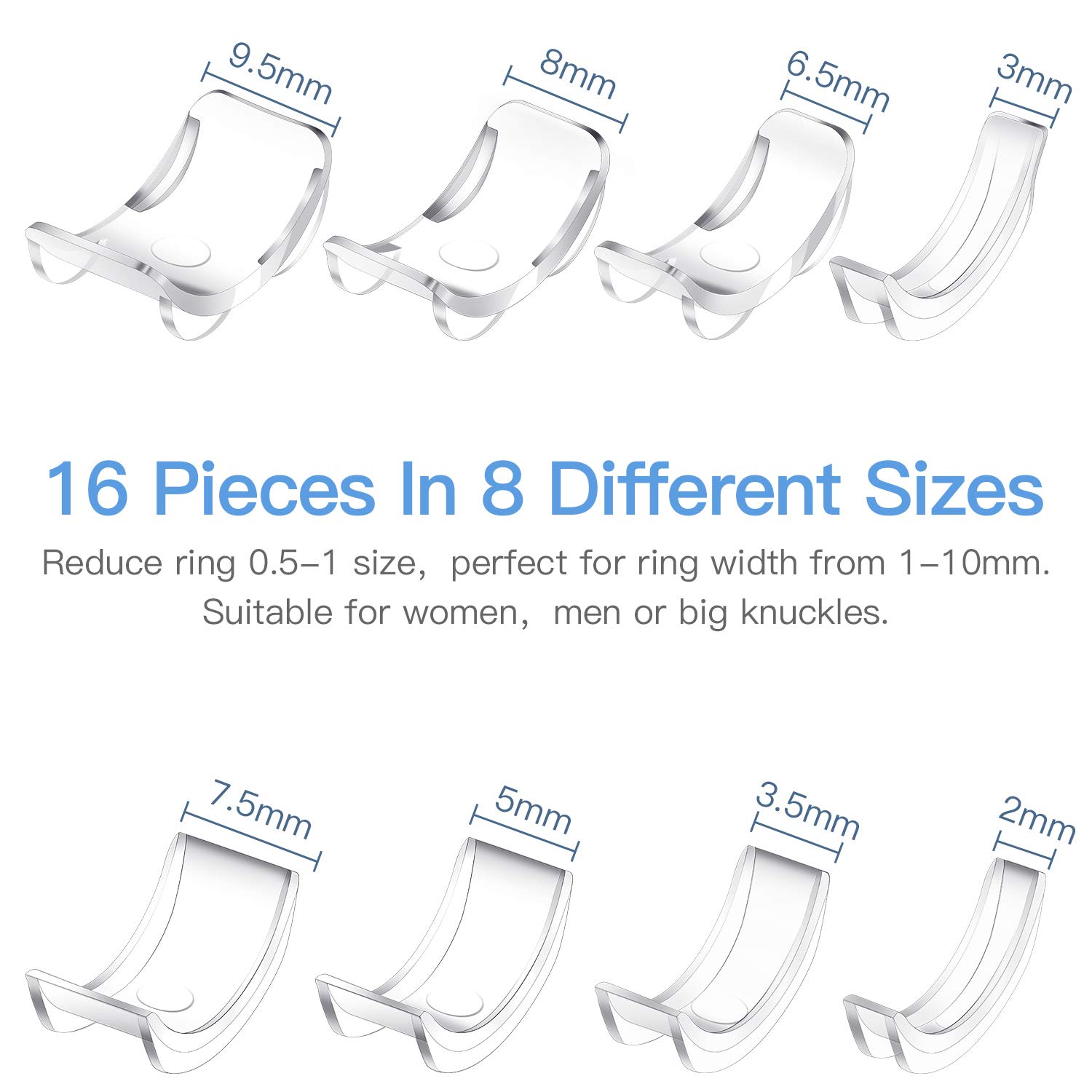 Ring Size Adjuster Invisible Ring Size Adjuster for Loose Rings Ring Adjuster Size Fit Any Rings Ring Guard Reducer, 8 Sizes (16 Pieces)