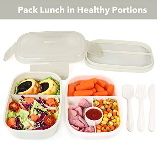 Caperci Stackable Bento Box Adult Lunch Box - 3 Layers All-in-One Lunch Containers with Multiple Compartments for Adults & Kids, 55 oz Large Capacity, Built-in Utensil Set & BPA Free (White)