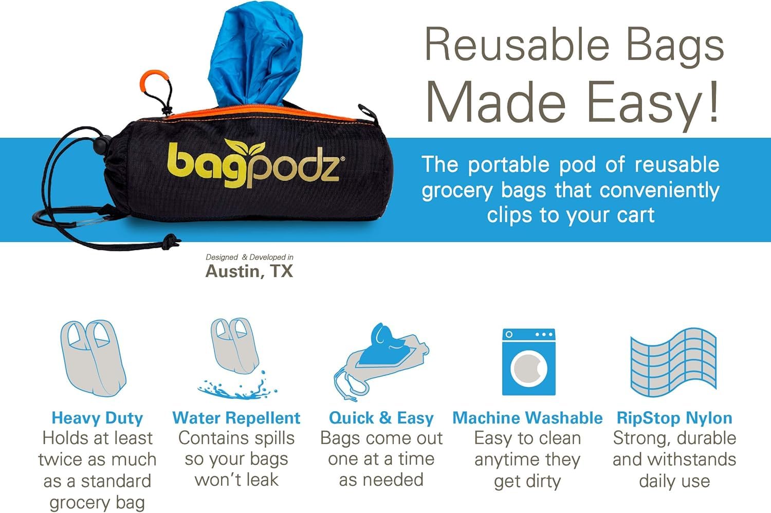 BagPodz Reusable Shopping Bags Inside a Compact Pod with Carry Clip RipStop Nylon Holds 50lbs Very Sturdy, 5 Pack in Blue
