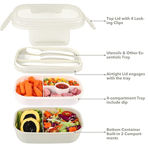 Caperci Stackable Bento Box Adult Lunch Box - 3 Layers All-in-One Lunch Containers with Multiple Compartments for Adults & Kids, 55 oz Large Capacity, Built-in Utensil Set & BPA Free (White)