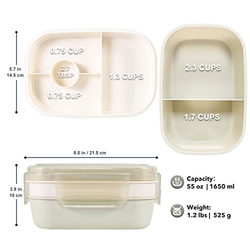 Caperci Stackable Bento Box Adult Lunch Box - 3 Layers All-in-One Lunch Containers with Multiple Compartments for Adults & Kids, 55 oz Large Capacity, Built-in Utensil Set & BPA Free (White)
