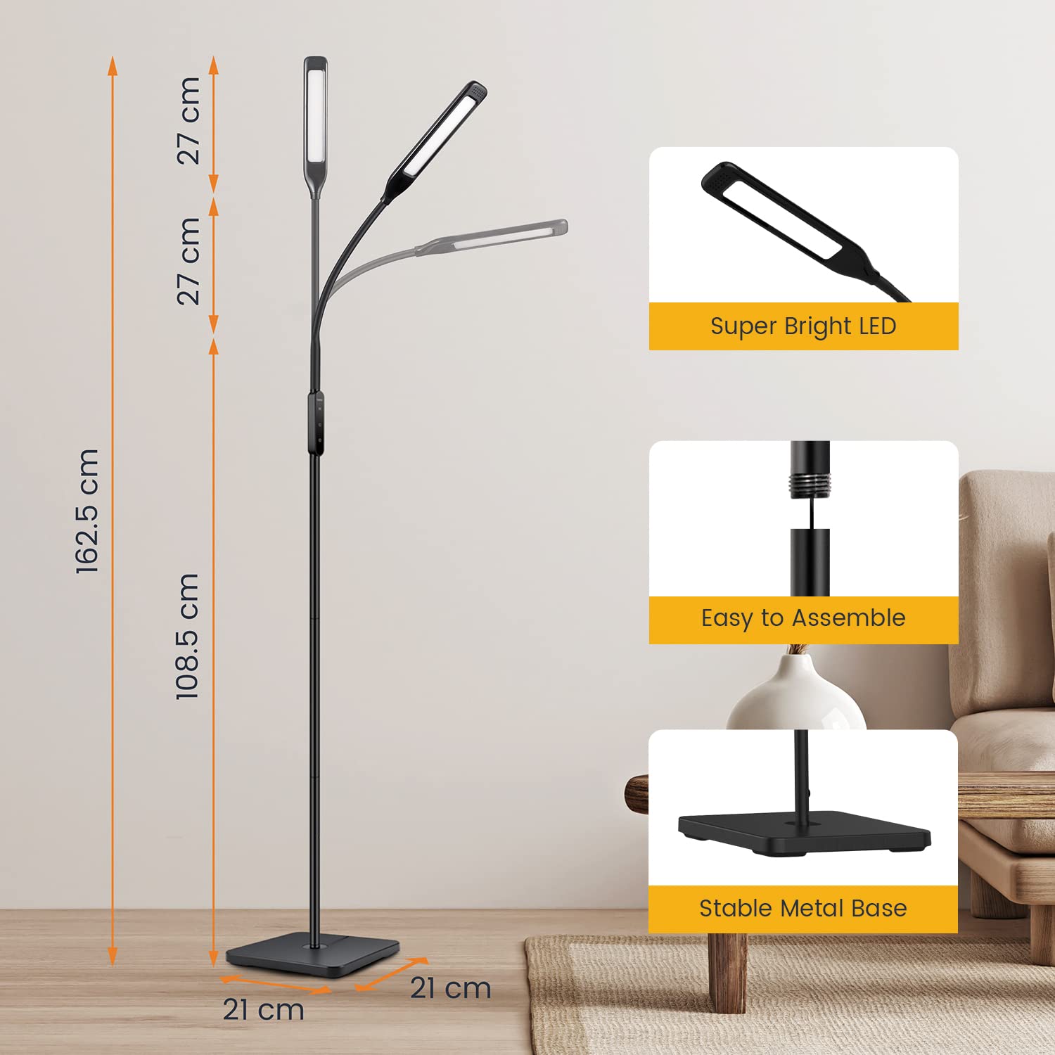 LED Floor Lamp, Laster Reading Standing Lamps with Remote and Touch Control for Living Room, Bedroom, Office with 4 Color Temperature & 4 Brightness Levels, 1H Timer & Memory Function