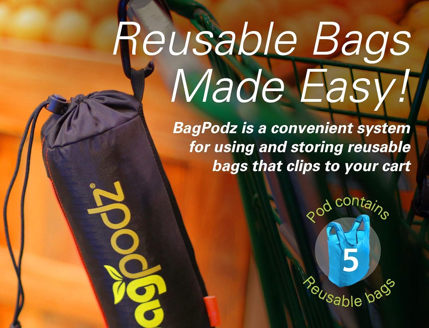 BagPodz Reusable Shopping Bags Inside a Compact Pod with Carry Clip RipStop Nylon Holds 50lbs Very Sturdy, 5 Pack in Blue