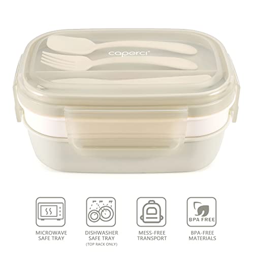 Caperci Stackable Bento Box Adult Lunch Box - 3 Layers All-in-One Lunch Containers with Multiple Compartments for Adults & Kids, 55 oz Large Capacity, Built-in Utensil Set & BPA Free (White)
