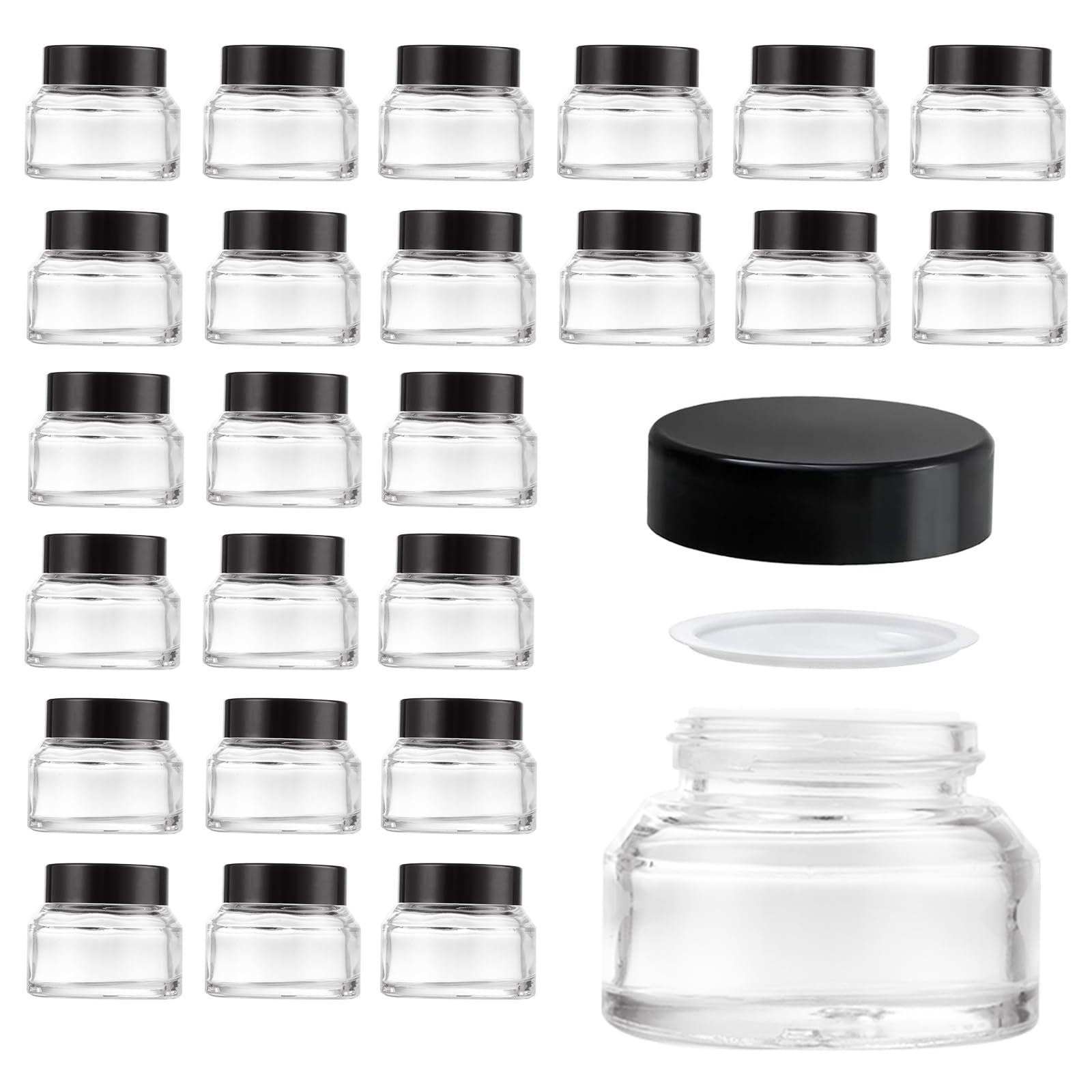 Acrux7 24 Pack Small Glass Jars, Round Clear Glass Jars with Black Lids, Labels & Inner Liners, Empty Refillable Glass Cosmetic Container Leak Proof Travel Jars for Cream, Lotion, Sample (1.76oz/50ml)