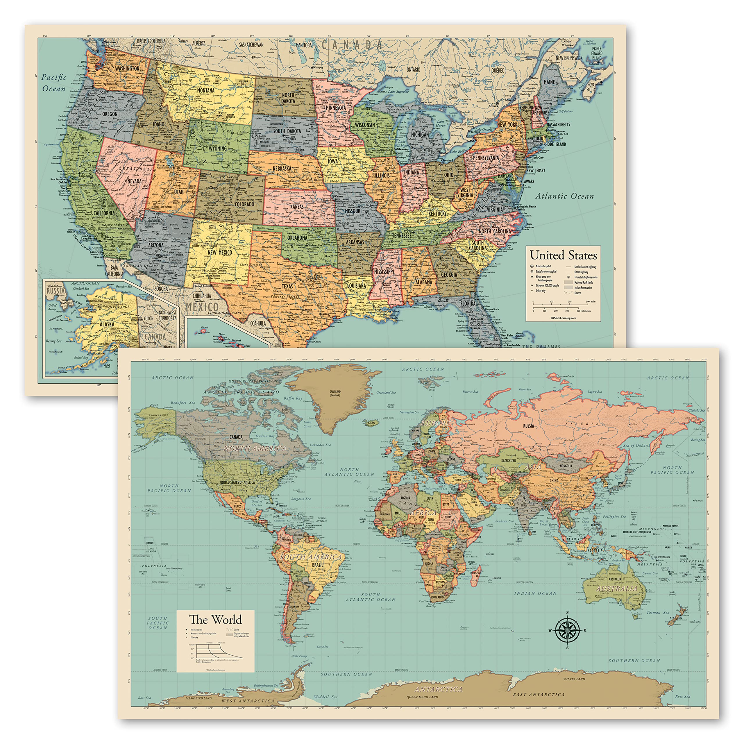 2 Pack - World Map Poster & USA Map Chart [Tan/Color] (Laminated, 18” x 29”)