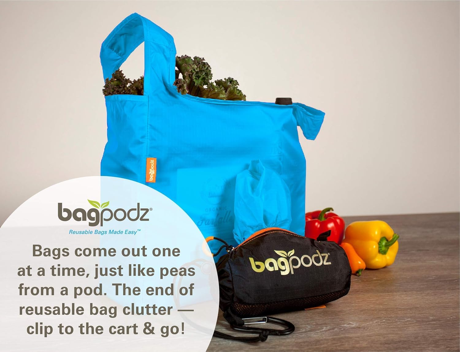 BagPodz Reusable Shopping Bags Inside a Compact Pod with Carry Clip RipStop Nylon Holds 50lbs Very Sturdy, 5 Pack in Blue