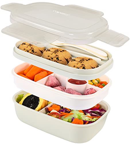 Caperci Stackable Bento Box Adult Lunch Box - 3 Layers All-in-One Lunch Containers with Multiple Compartments for Adults & Kids, 55 oz Large Capacity, Built-in Utensil Set & BPA Free (White)