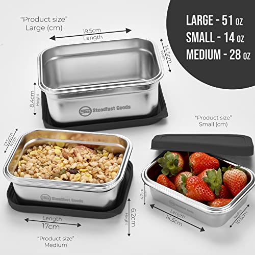 Stainless Steel Containers with Lids for Food Storage β Set of 3 Stackable Stainless Steel Snack Containers for kids β Leakproof Rectangle Bento Boxes for Meal Prep, Snacks, Black
