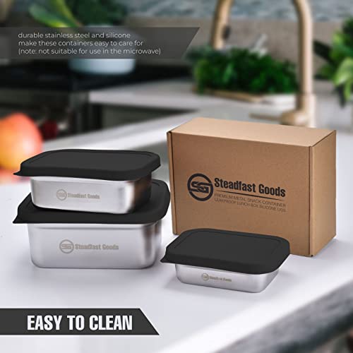 Stainless Steel Containers with Lids for Food Storage β Set of 3 Stackable Stainless Steel Snack Containers for kids β Leakproof Rectangle Bento Boxes for Meal Prep, Snacks, Black