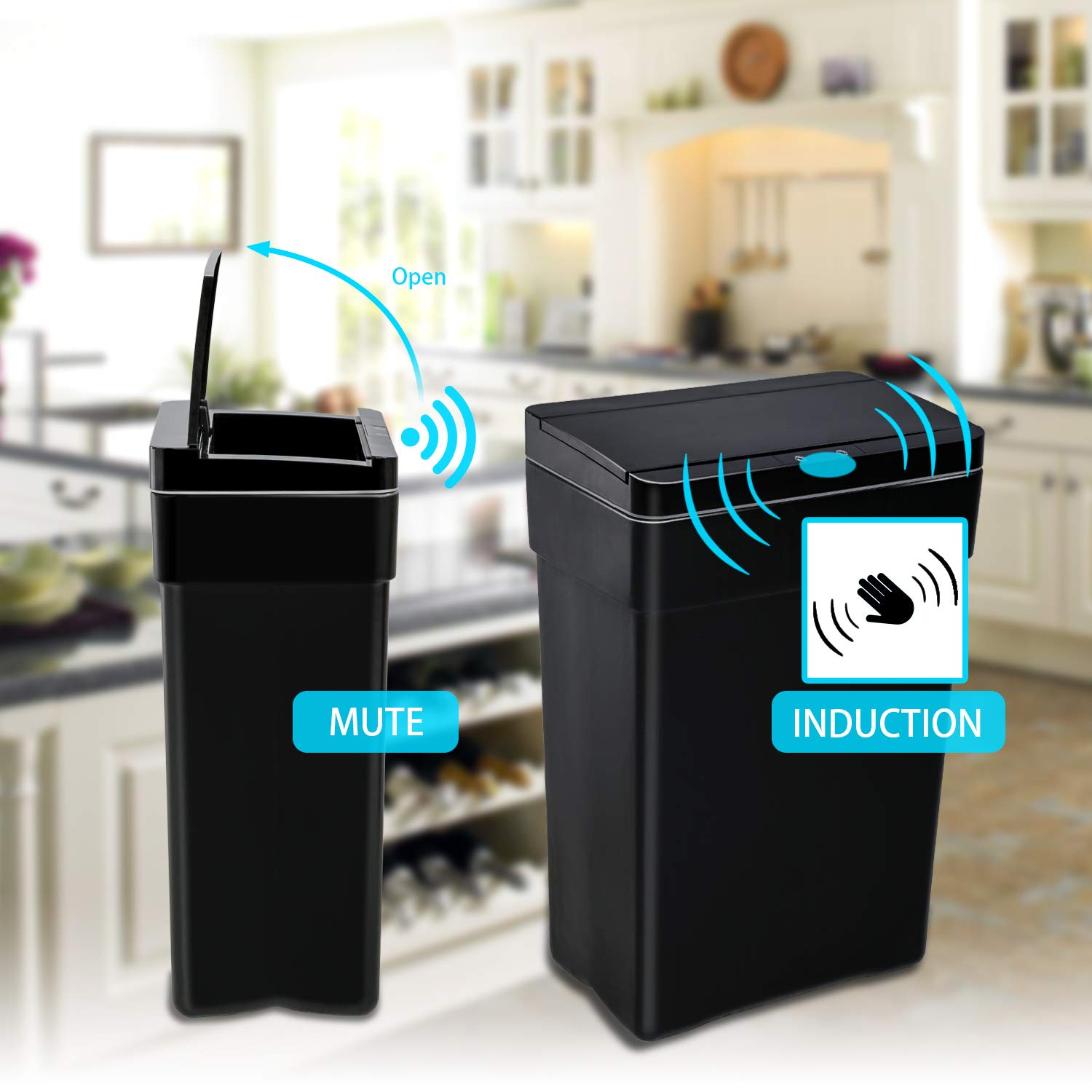 HCB Trash Can Automatic Garbage Can Plastic Touch Free Waste Bins 13 Gallon/50 Liter with Lid for Kitchen, Office, Living Room, Bathroom(Black)