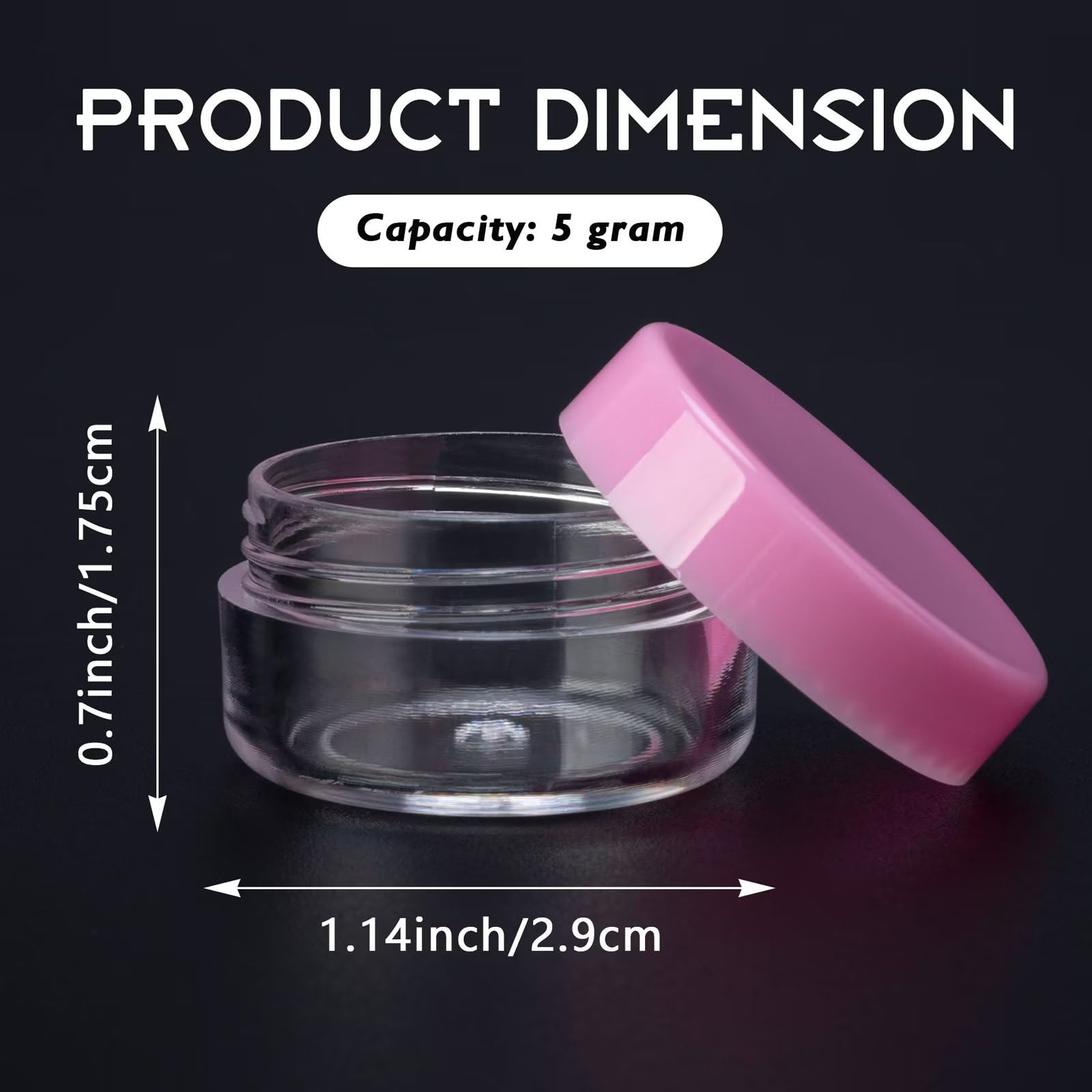 50 Count 5 Gram Sample Containers, Clear Lip Balm Containers with Lids, Small Plastic Sample Jars with 4 Mini Spoons, 50pcs Labels (Pink Lid)