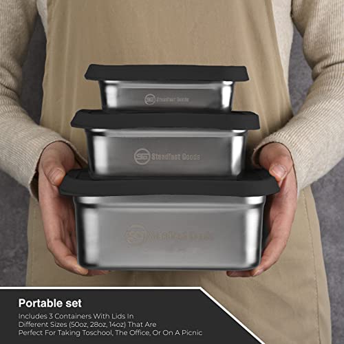 Stainless Steel Containers with Lids for Food Storage β Set of 3 Stackable Stainless Steel Snack Containers for kids β Leakproof Rectangle Bento Boxes for Meal Prep, Snacks, Black