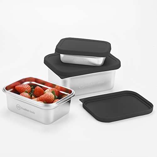 Stainless Steel Containers with Lids for Food Storage – Set of 3 Stackable Stainless Steel Snack Containers for kids – Leakproof Rectangle Bento Boxes for Meal Prep, Snacks, Black