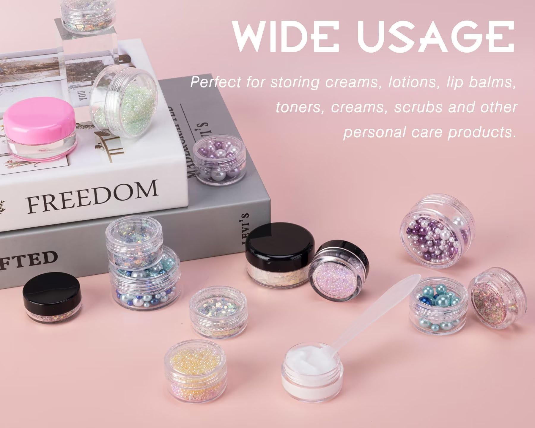 50 Count 5 Gram Sample Containers, Clear Lip Balm Containers with Lids, Small Plastic Sample Jars with 4 Mini Spoons, 50pcs Labels (Pink Lid)