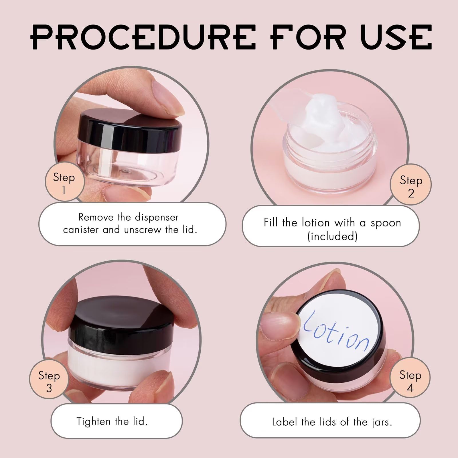 50 Count 5 Gram Sample Containers, Clear Lip Balm Containers with Lids, Small Plastic Sample Jars with 4 Mini Spoons, 50pcs Labels (Pink Lid)