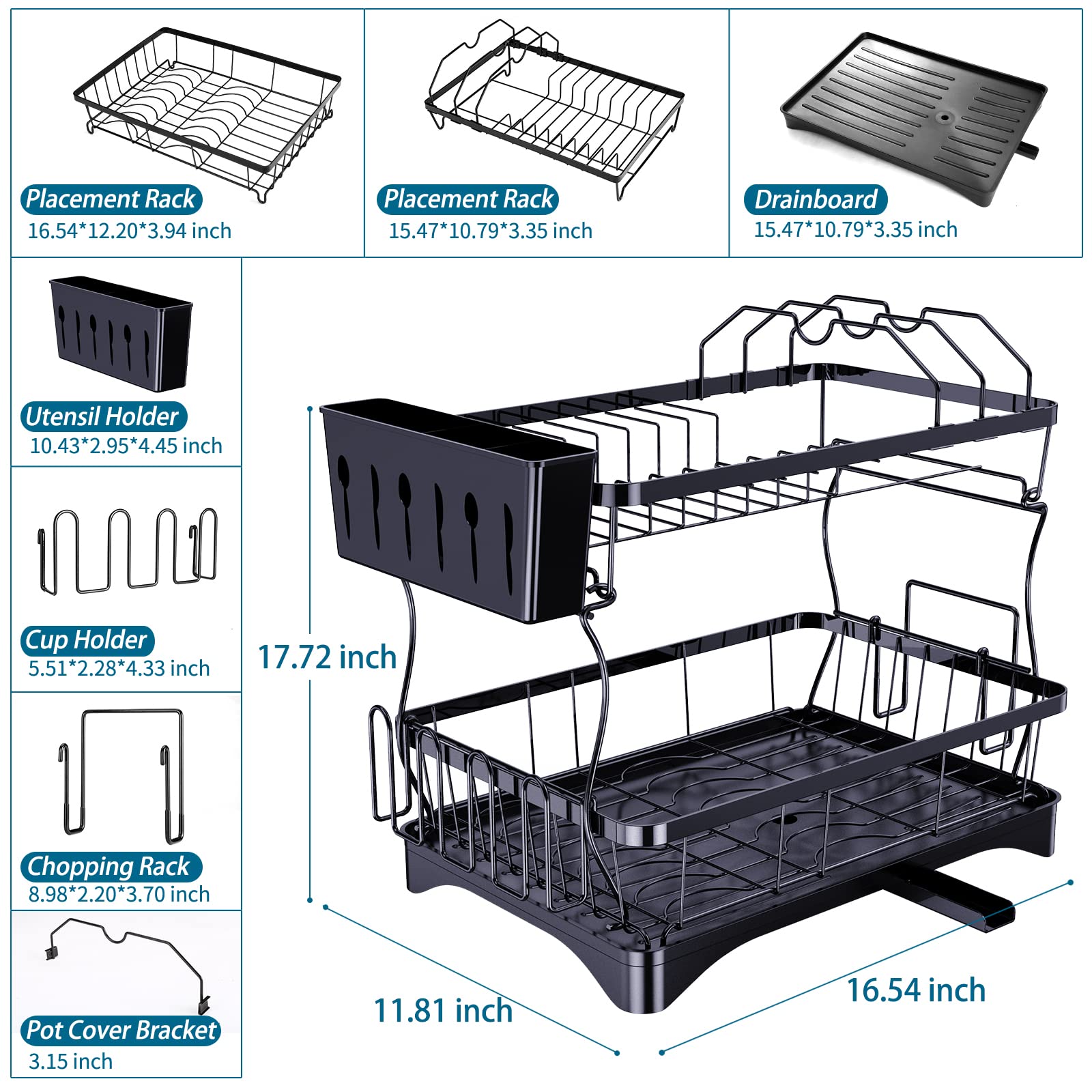 Johamoo Dish Drying Rack with Drainboard, 2 Tier Dish Rack for Kitchen Counter, Large Capacity Dish Drainer Set with Utensils Holder, Black