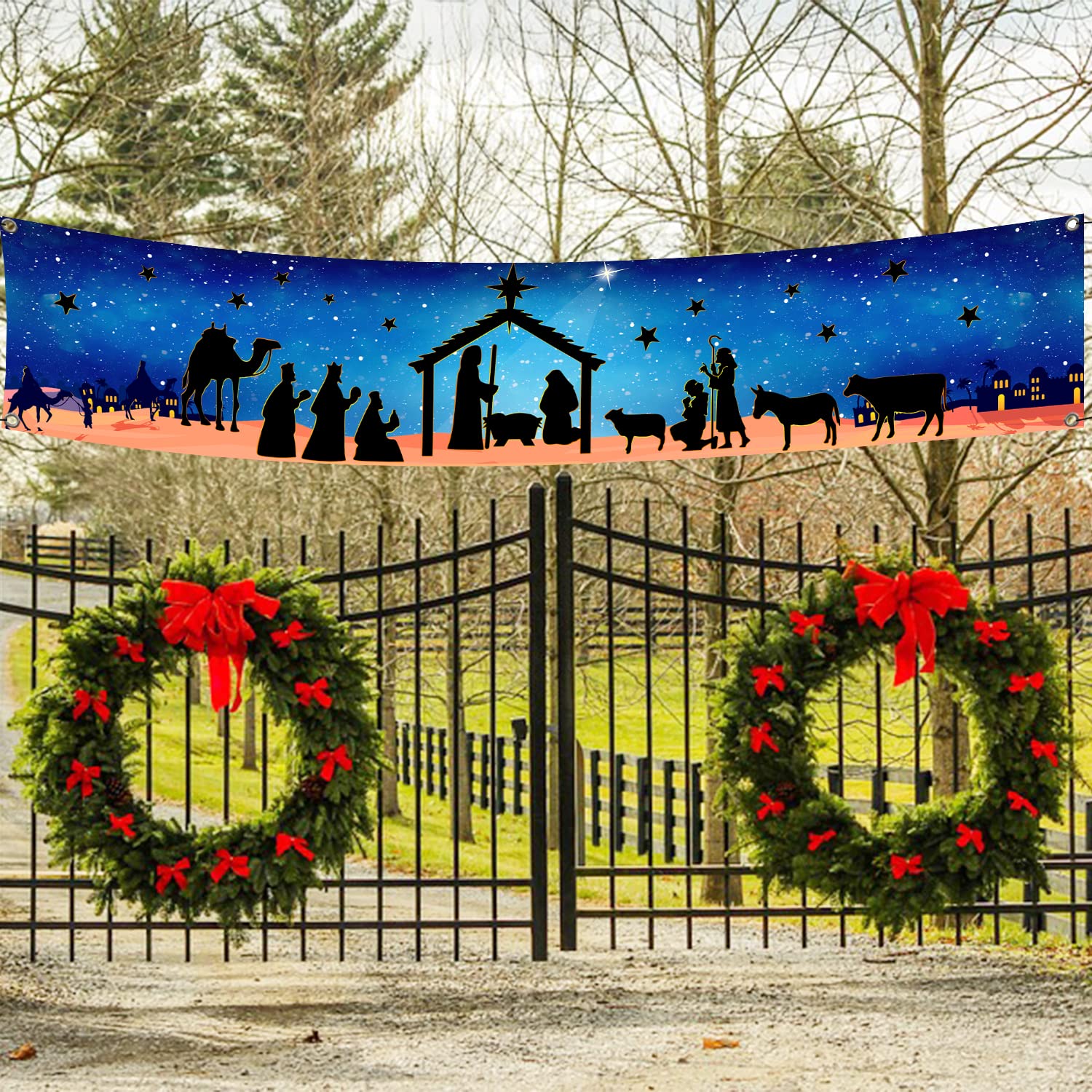 Holy Nativity Christmas Decorations Banner Manger Scene Religious Christmas Yard Sign Banner for Merry Christmas Xmas Outdoor Decorations