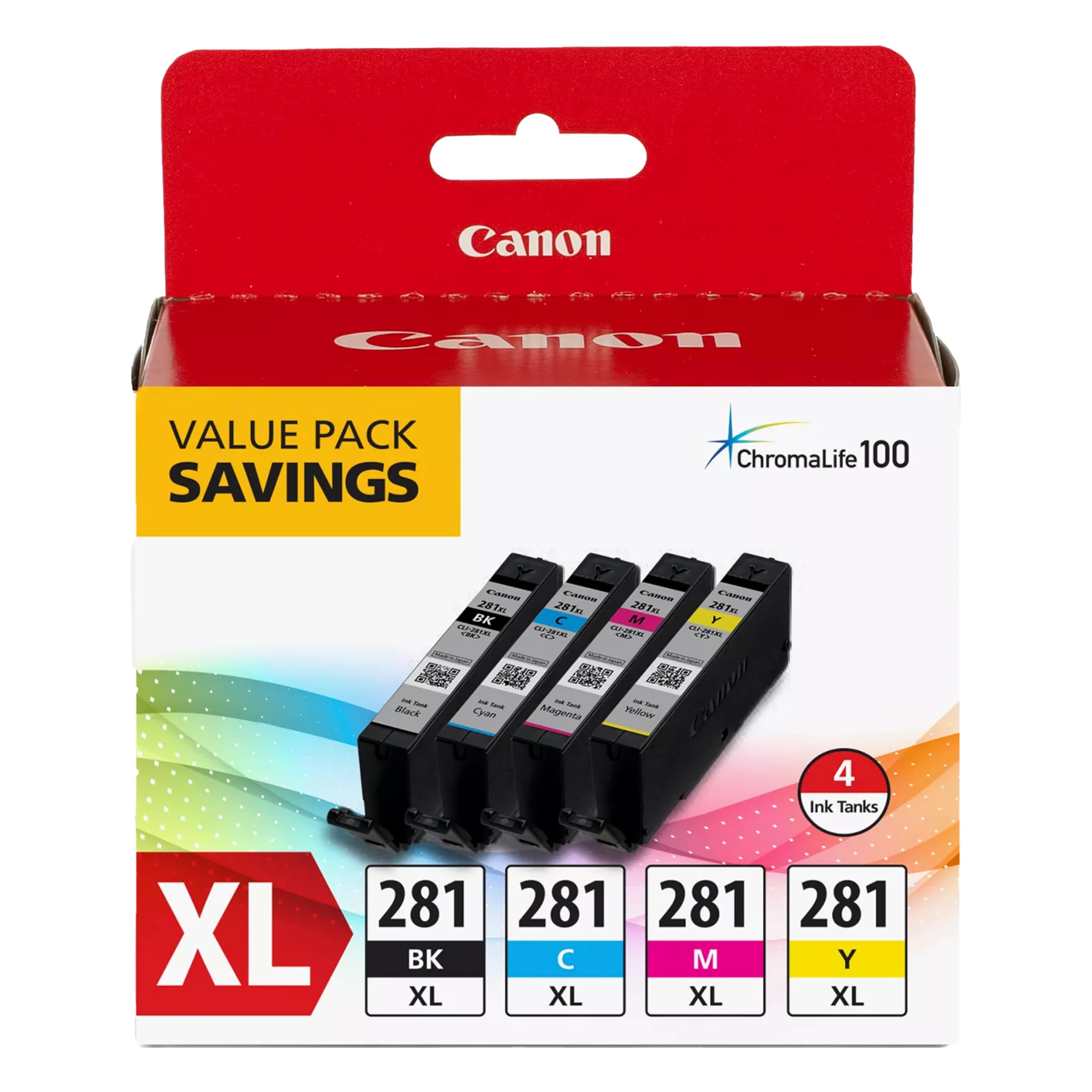 Canon CLI-281 XL Black, Cyan, Magenta and Yellow 4 Ink Pack Compatible to printer TR8520, TR7520, TS9120 Series,TS8120 Series, TS6120 Series, TS9521C, TS9520, TS8220 Series, TS6220 Series