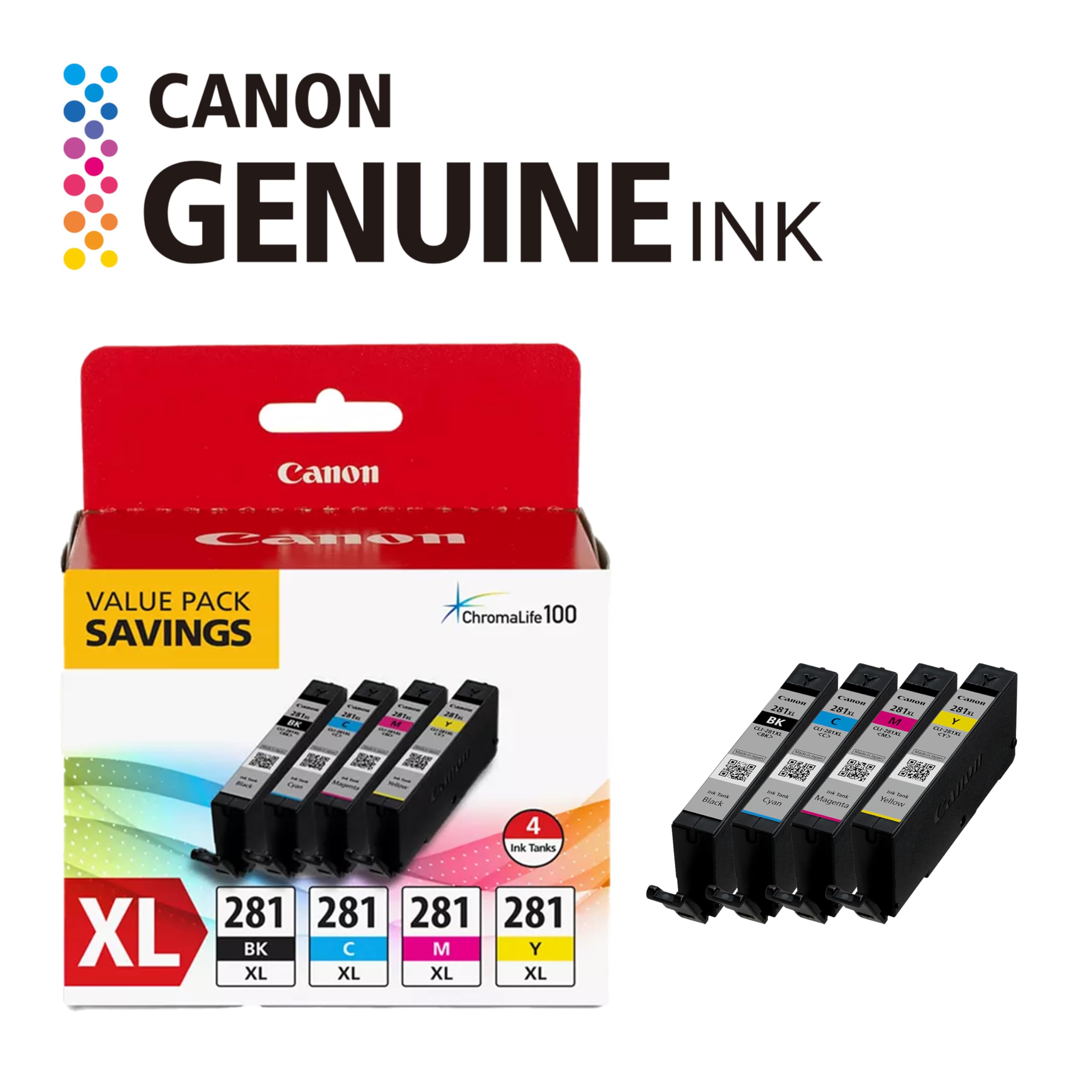 Canon CLI-281 XL Black, Cyan, Magenta and Yellow 4 Ink Pack Compatible to printer TR8520, TR7520, TS9120 Series,TS8120 Series, TS6120 Series, TS9521C, TS9520, TS8220 Series, TS6220 Series
