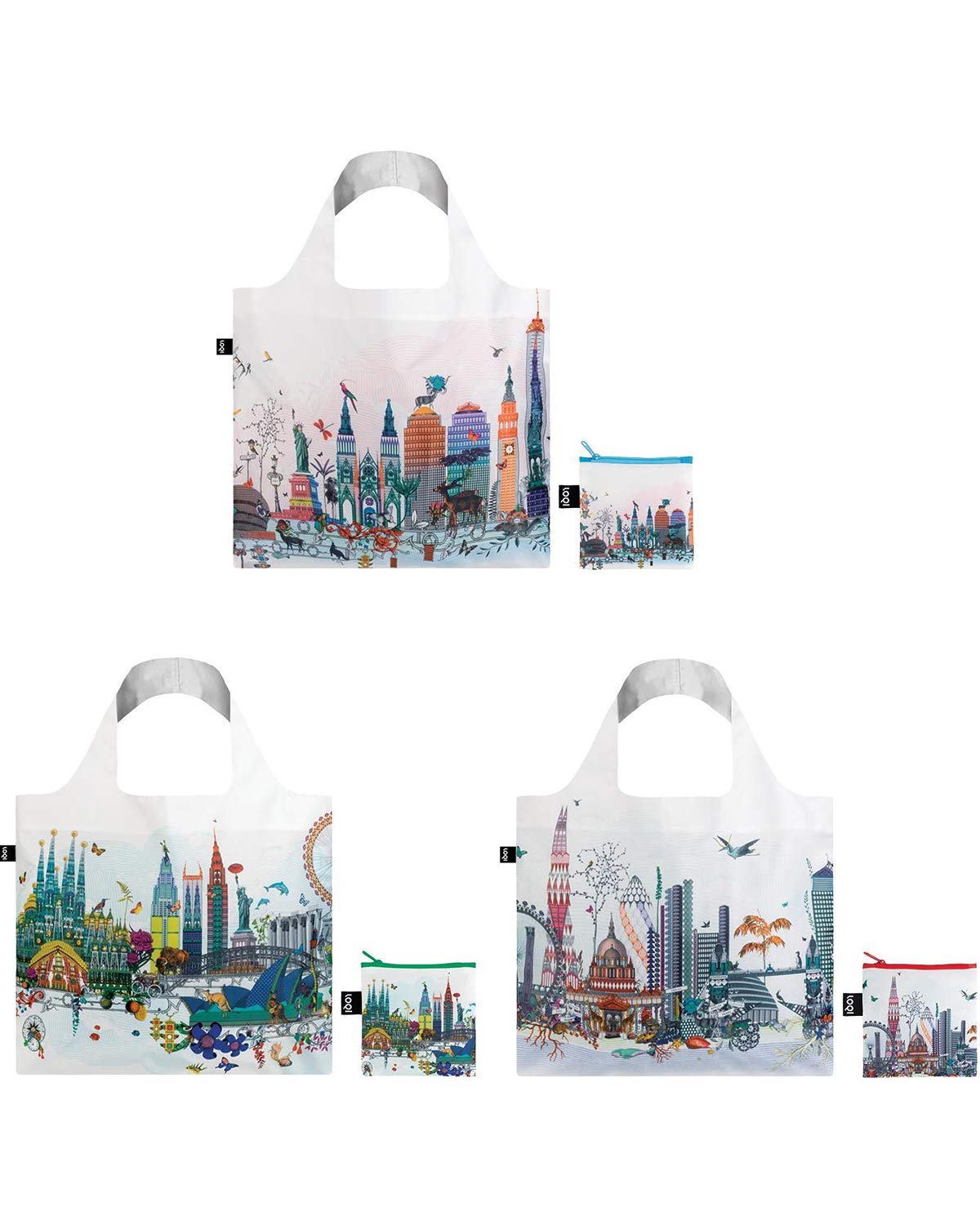 LOQI Kristjana S Williams Interiors Reusable Shopping Bags, (Set of 3), New York, London, Skyline