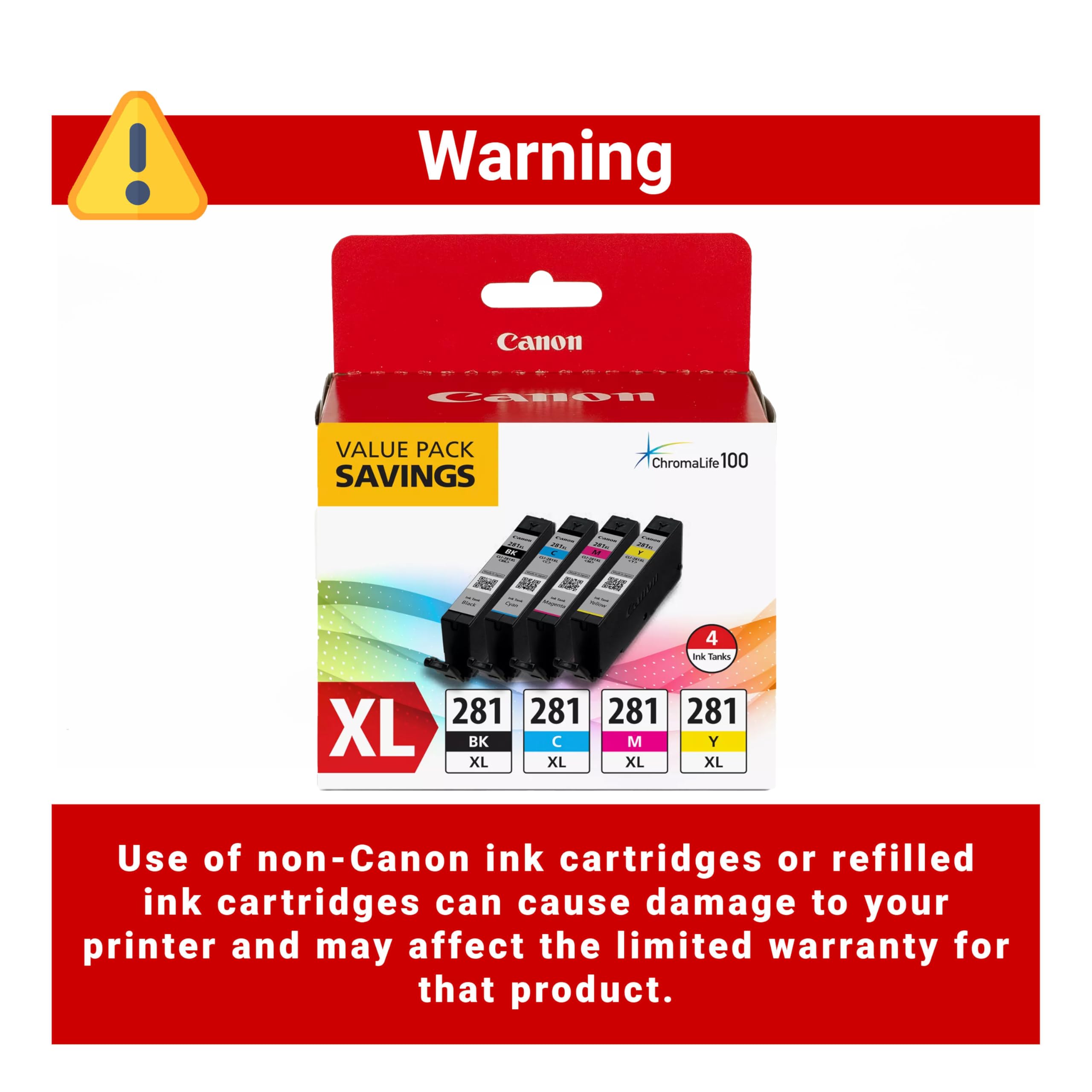 Canon CLI-281 XL Black, Cyan, Magenta and Yellow 4 Ink Pack Compatible to printer TR8520, TR7520, TS9120 Series,TS8120 Series, TS6120 Series, TS9521C, TS9520, TS8220 Series, TS6220 Series