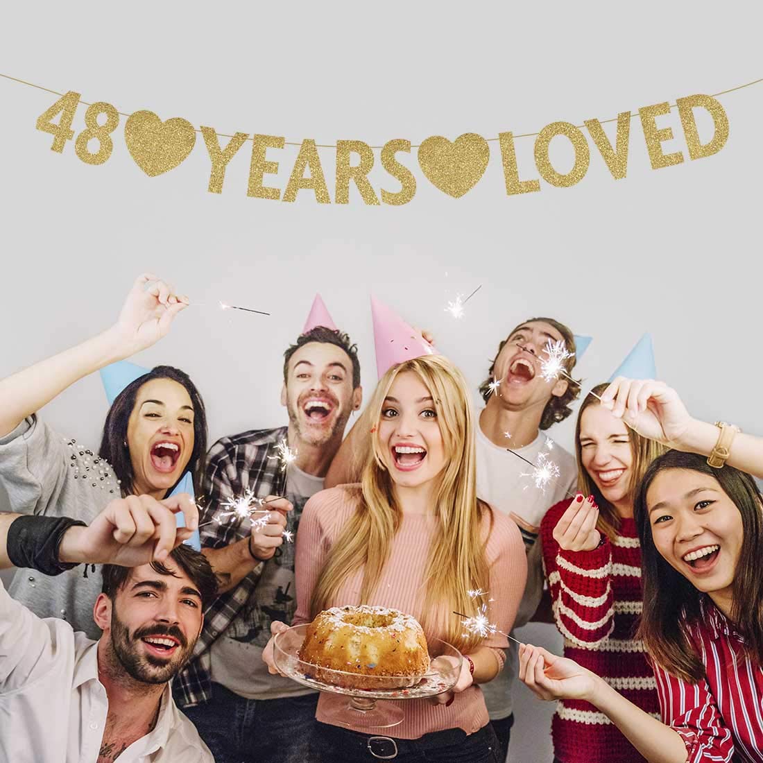 Gold Happy 48th Birthday Banner, Glitter 48 Years Old Woman or Man Party Decorations, Supplies