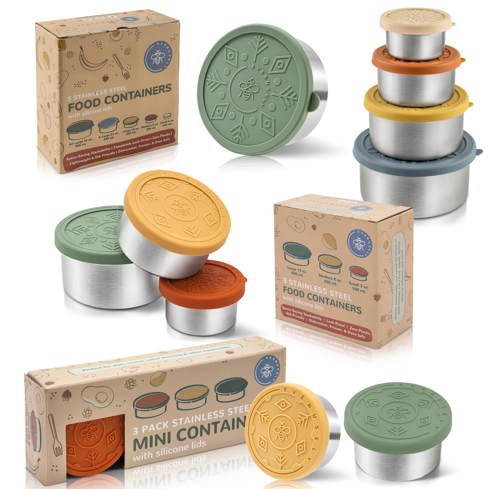 Everusely Stainless Steel Containers with Lids Ultimate Lunch Bundle (Muted Rainbow)