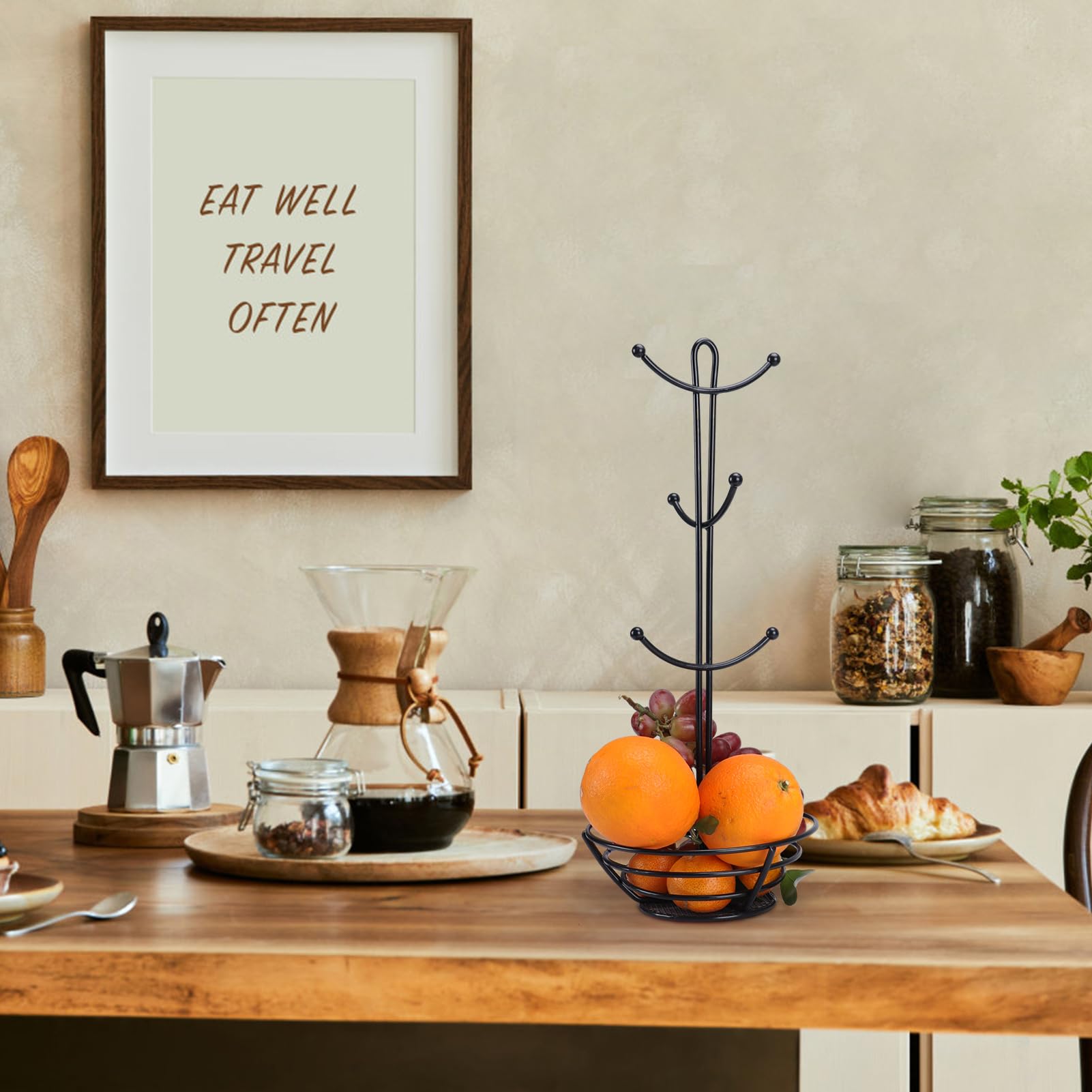 Black Metal Coffee Mug Holder for Countertop, Mugs Tree for 6 Cups with Coffee Pod Holder Storage Basket