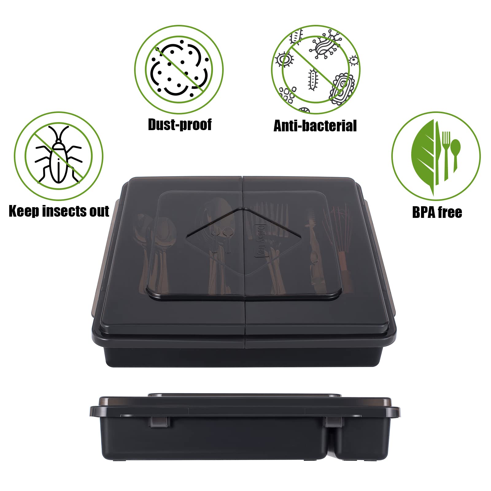 Goehiaul Silverware Organizer with Lid Silverware Tray for Drawer Countertop Utensil Organizer Cutlery Tray with Snap-on Lid