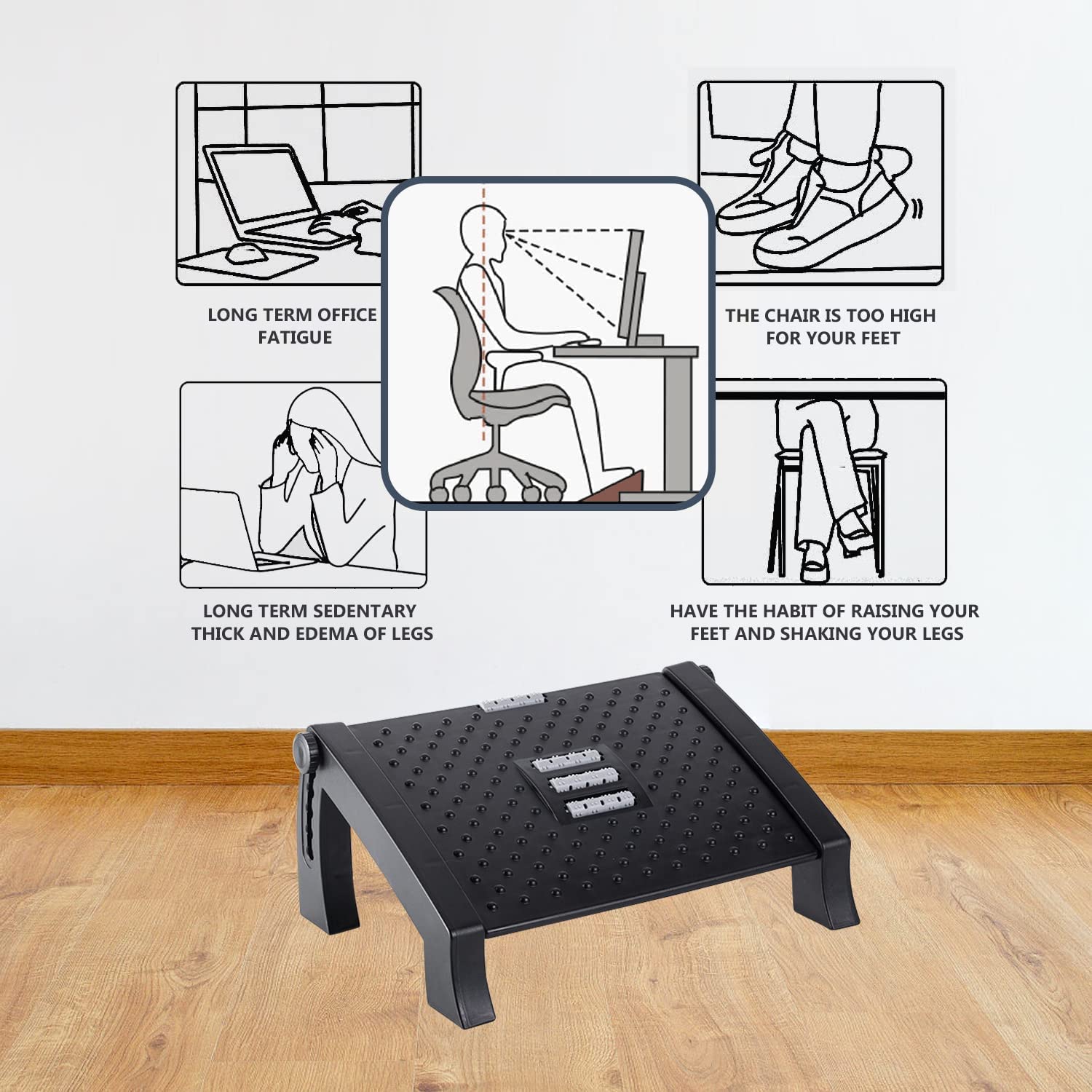 Foot Rest,6 Height Adjustable Foot Rest for Under Desk at Work,Ergonomic Under Desk Footrest with Massage Particle and Rollers,Office Under Desk Foot Stool for Promote Leg Circulation,Relieve Pressure