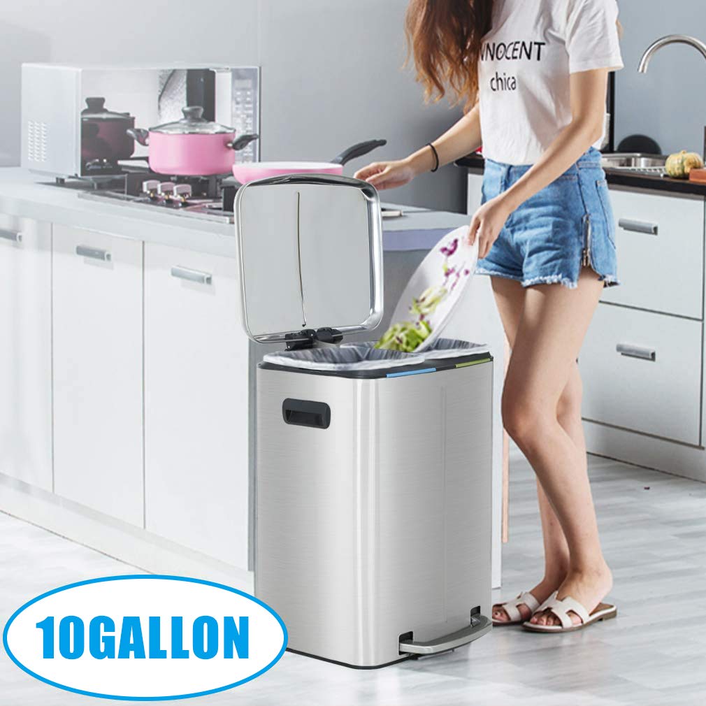 Kitchen Trash Can with Lid & Double Barrel for Bedroom Bathroom Office High Capacity Step Trash Bin Fingerprint-Proof Brushed Stainless Steel Garbage Can 10 Gallon/ 40L