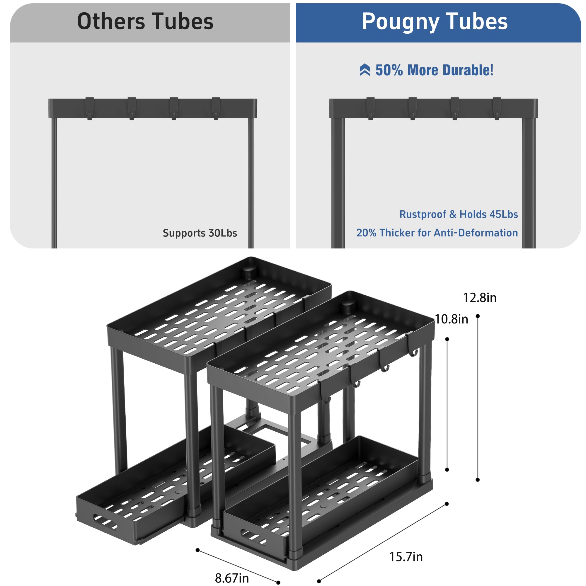 2PC Under Sink Organizer Rack 2 Tier Under Sliding Cabinet Basket Organizer Drawer with 4 Hooks, Multi-purpose Under Sink Storage for Bathroom Kitchen Desktop(Black)