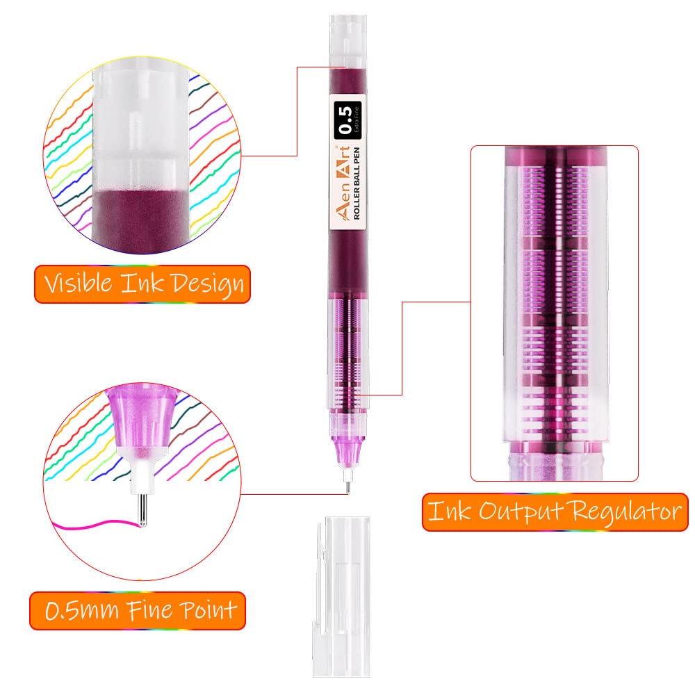 Liquid Ink Rolling Ball Stick Pens, Extra Fine Point (0.5mm) Rollerball Pens, Fine Tip 24-Pack Multicolor Ink Pen for Writing
