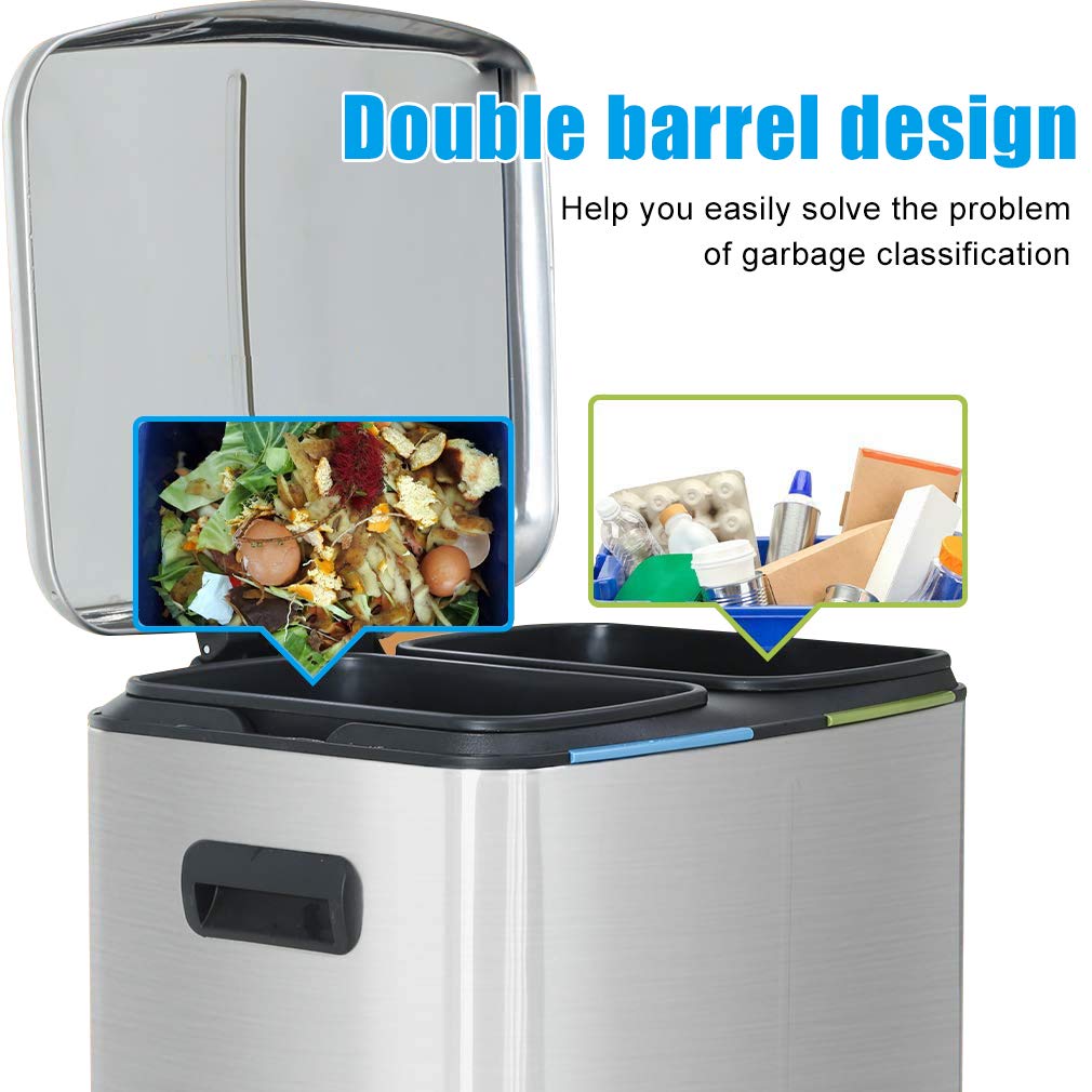 Kitchen Trash Can with Lid & Double Barrel for Bedroom Bathroom Office High Capacity Step Trash Bin Fingerprint-Proof Brushed Stainless Steel Garbage Can 10 Gallon/ 40L