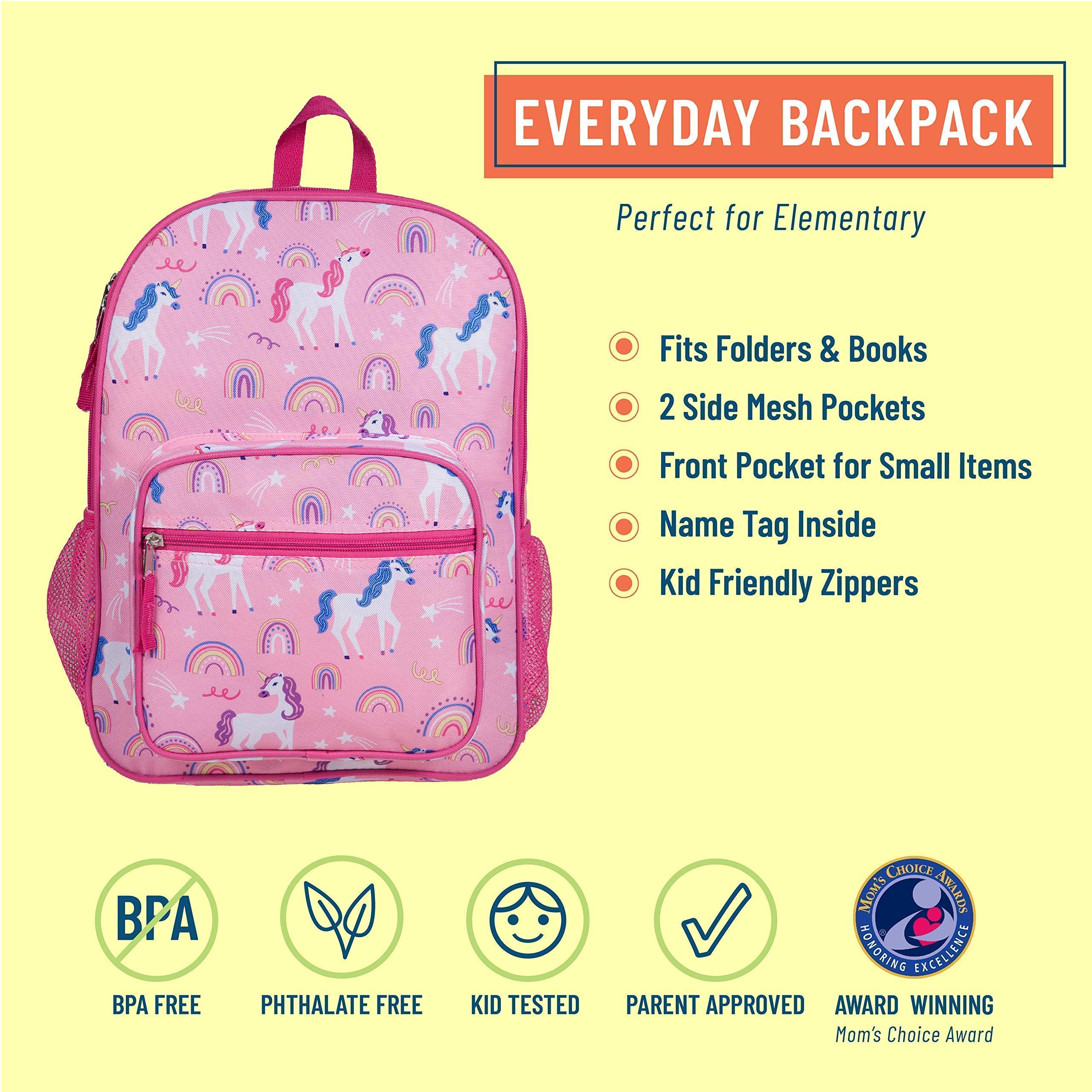 Wildkin Day2Day Backpack, Lunch Box Bag with Nap Mat Bundle (Rainbow Unicorns)