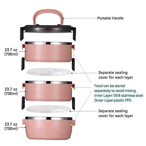 TiLeMiun 3-Tier Thermal Lunch Box For Food, Portable Insulated Lunch Container, Stackable Bento Lunch Box For Aldults To Work, Leakproof Stainless Steel Food Container With Bag & Utensils (Pink 71oz)