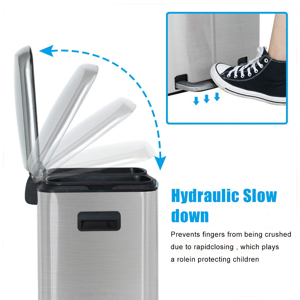 Kitchen Trash Can with Lid & Double Barrel for Bedroom Bathroom Office High Capacity Step Trash Bin Fingerprint-Proof Brushed Stainless Steel Garbage Can 10 Gallon/ 40L