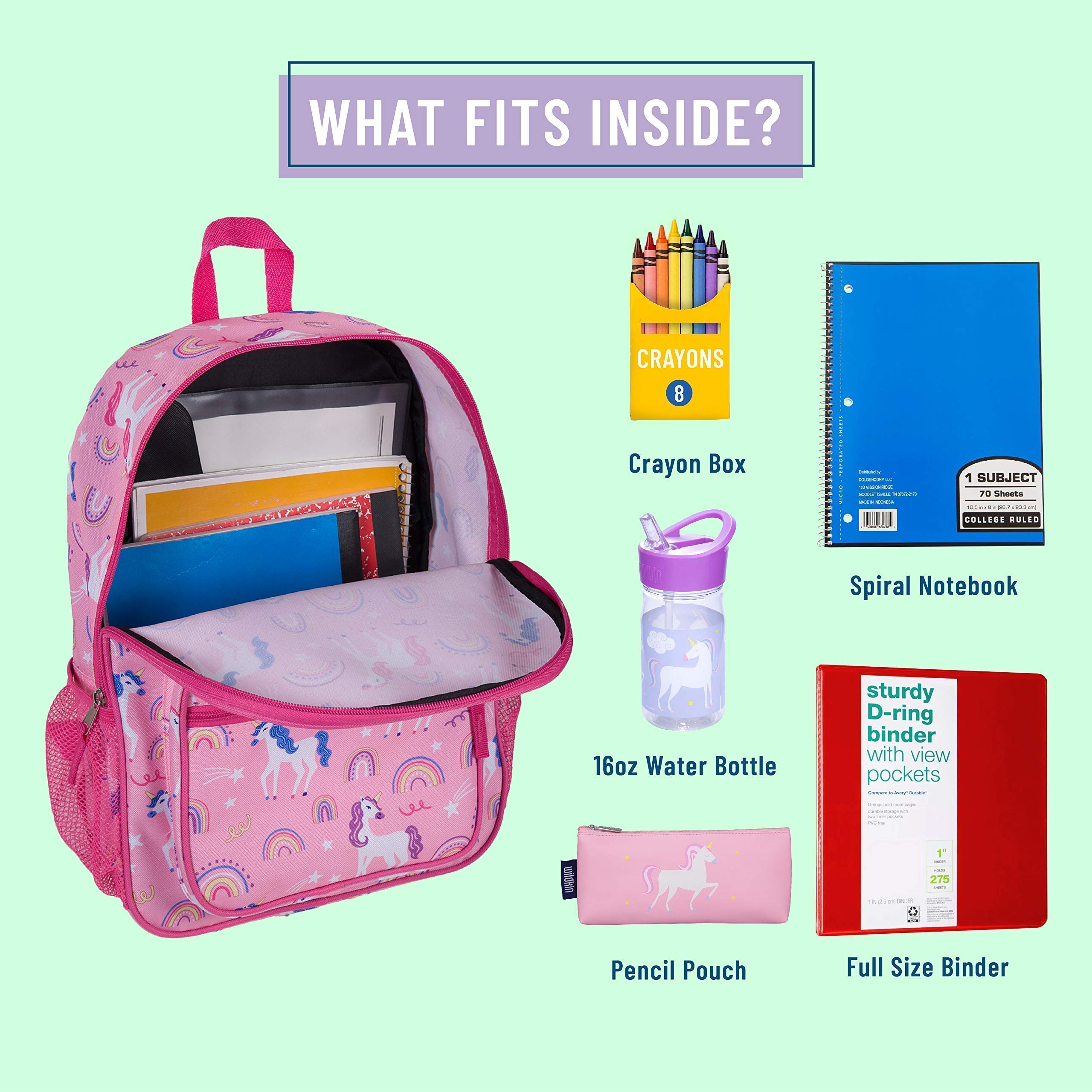 Wildkin Day2Day Backpack, Lunch Box Bag with Nap Mat Bundle (Rainbow Unicorns)