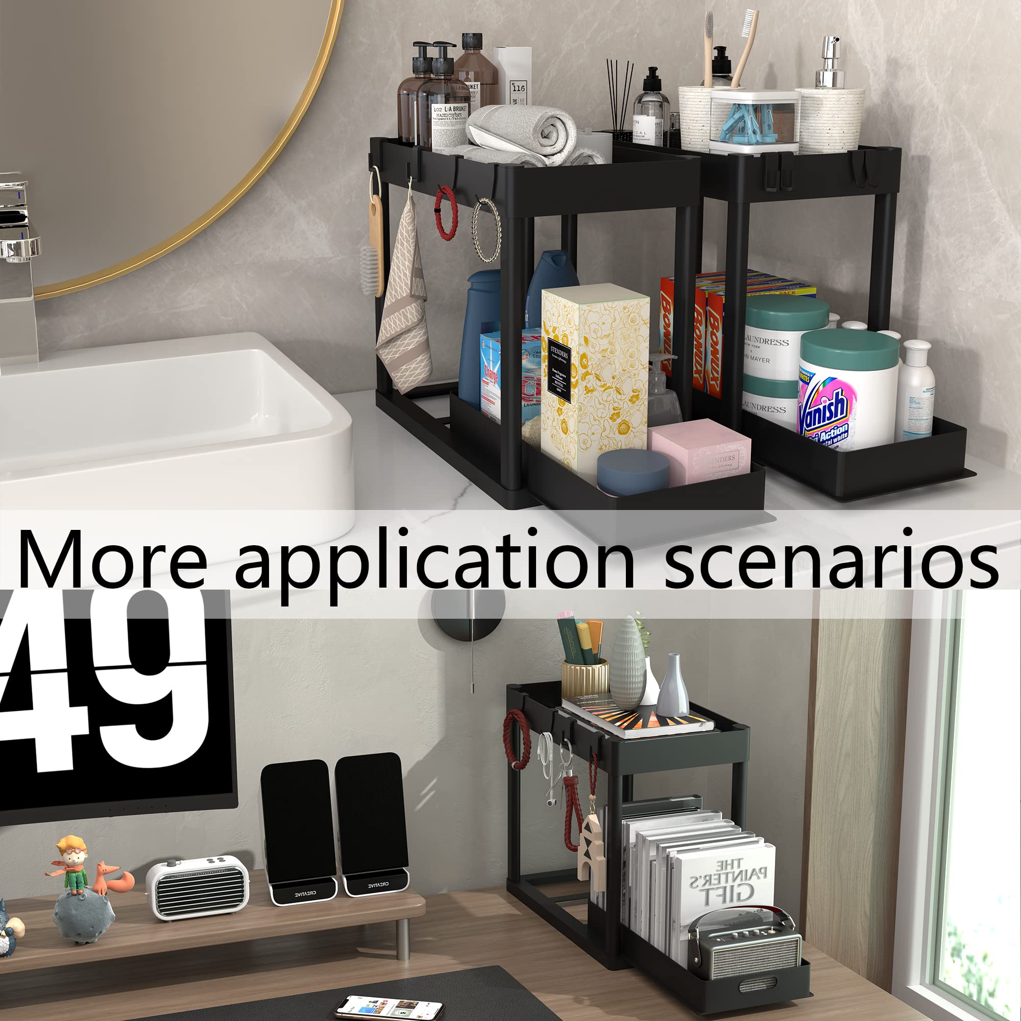 2PC Under Sink Organizer Rack 2 Tier Under Sliding Cabinet Basket Organizer Drawer with 4 Hooks, Multi-purpose Under Sink Storage for Bathroom Kitchen Desktop(Black)