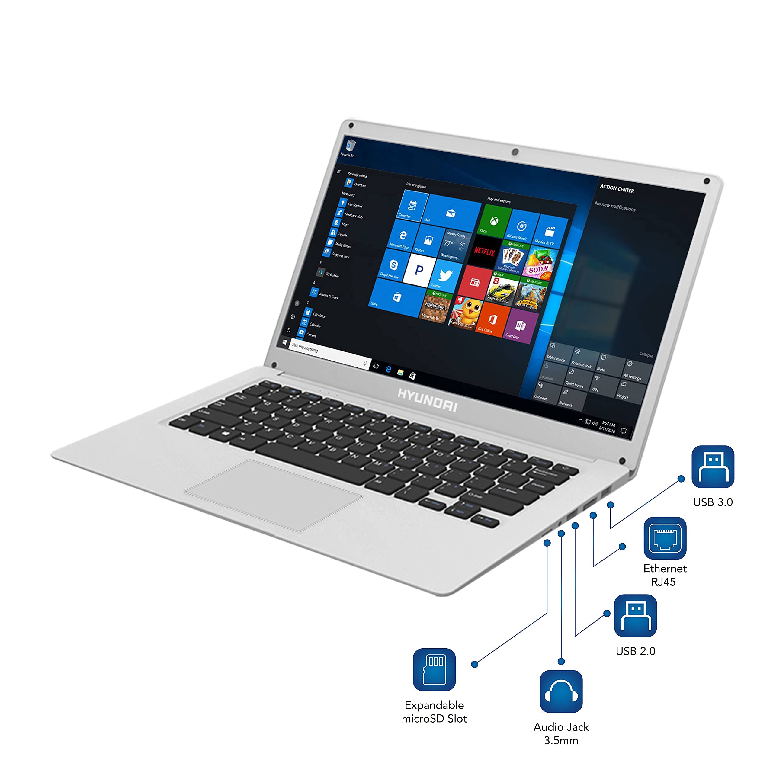 HYUNDAI [New 14" Inch Laptop | High Performance Business and Student Laptop | 8GB RAM - 128GB SSD Storage | Intel N4120 | Windows 10 Home | Expandable Storage | WiFi & Bluetooth | Silver