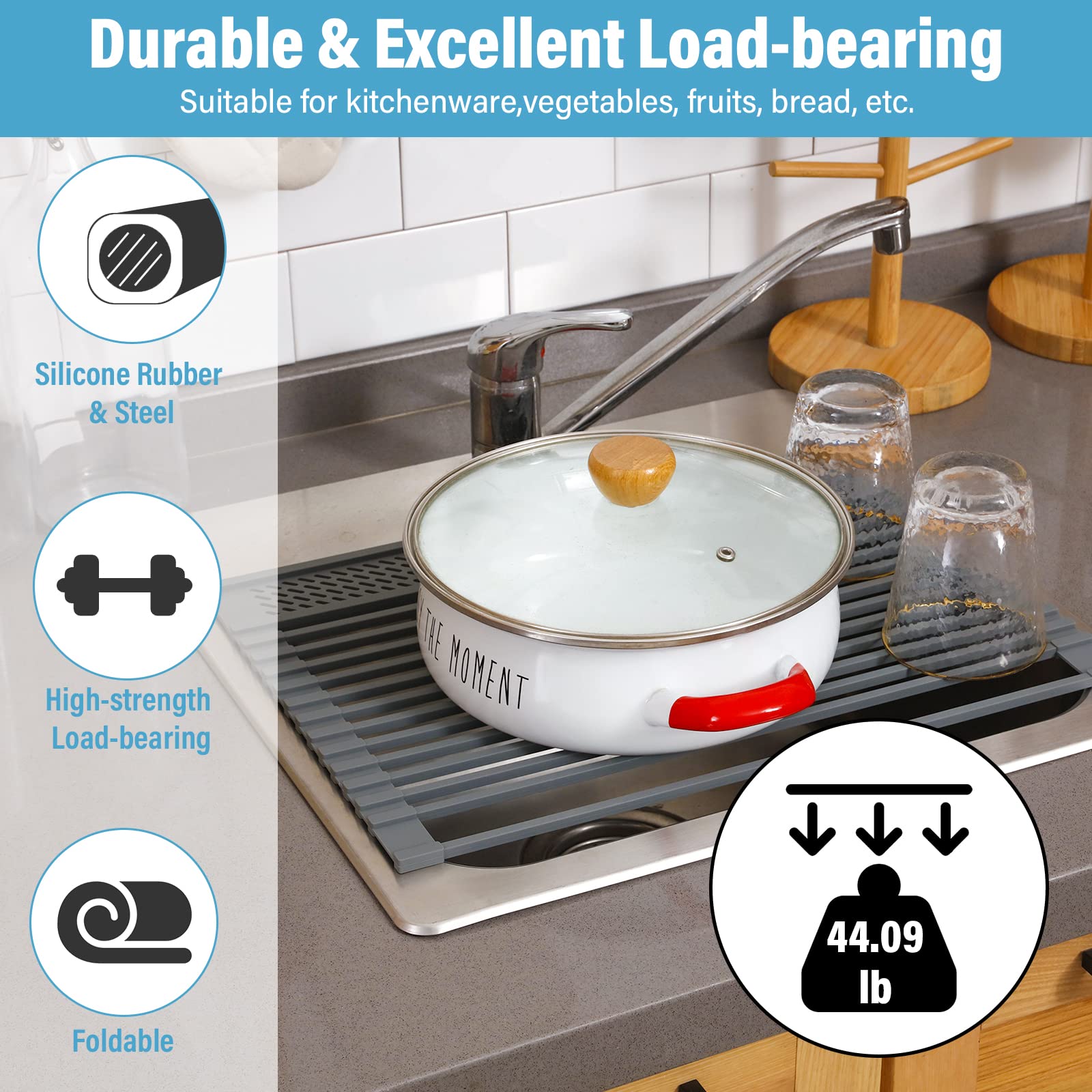 ATTSIL Roll-Up Dish Drying Rack, Multifunctional Rollable Over Sink Dish Rack with Utensil Holder, Foldable Silicone Wrapped Steel Drain Rack for Kitchen Sink Counter, 16.85"(L) x 12"(W)