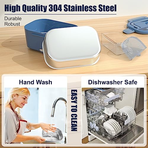 Adocfan Electric Lunch Box, 60W 3 in 1 Food Heater Car Use 12V/24V and Home Use 110V, Portable Lunch Heater, Removable Stainless Steel Container, Fork, Spoon and Carry Bag (Blue)